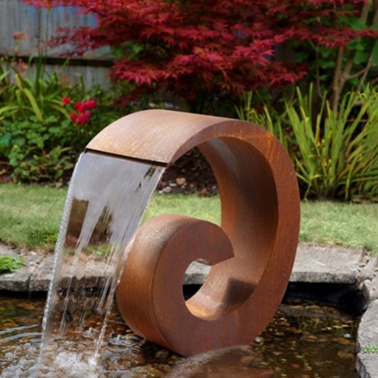 Corten Steel Bowl Water Feature With Pump | Modern Garden Fountain